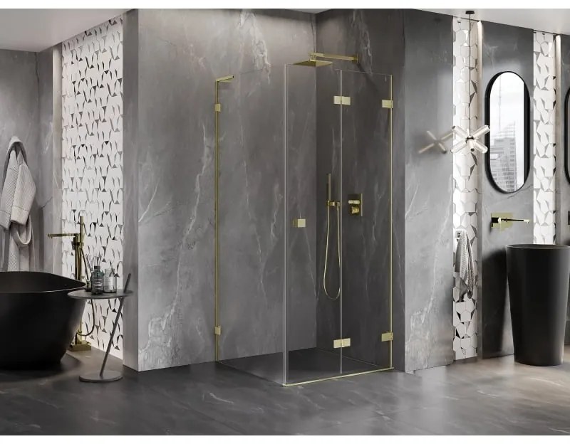 Mexen Lunar-F L, sklápěcí sprchový kout pravý 70 x 70 cm, 8mm čiré sklo, zlatý kartáčovaný - 836L-070-070-55-00-P