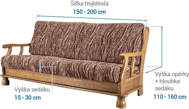 Bielastické potahy UNIVERSO NOVÉ žíhané hnědé trojkřeslo s dřevěnými rukojeťmi (š. 150 - 200 cm)