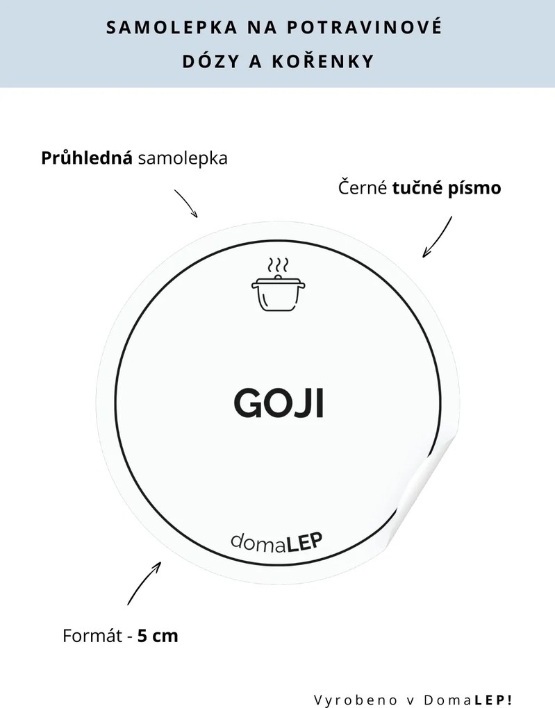 GOJI – průhledná samolepka na dózu, tučné písmo, 5 cm | DomaLEP