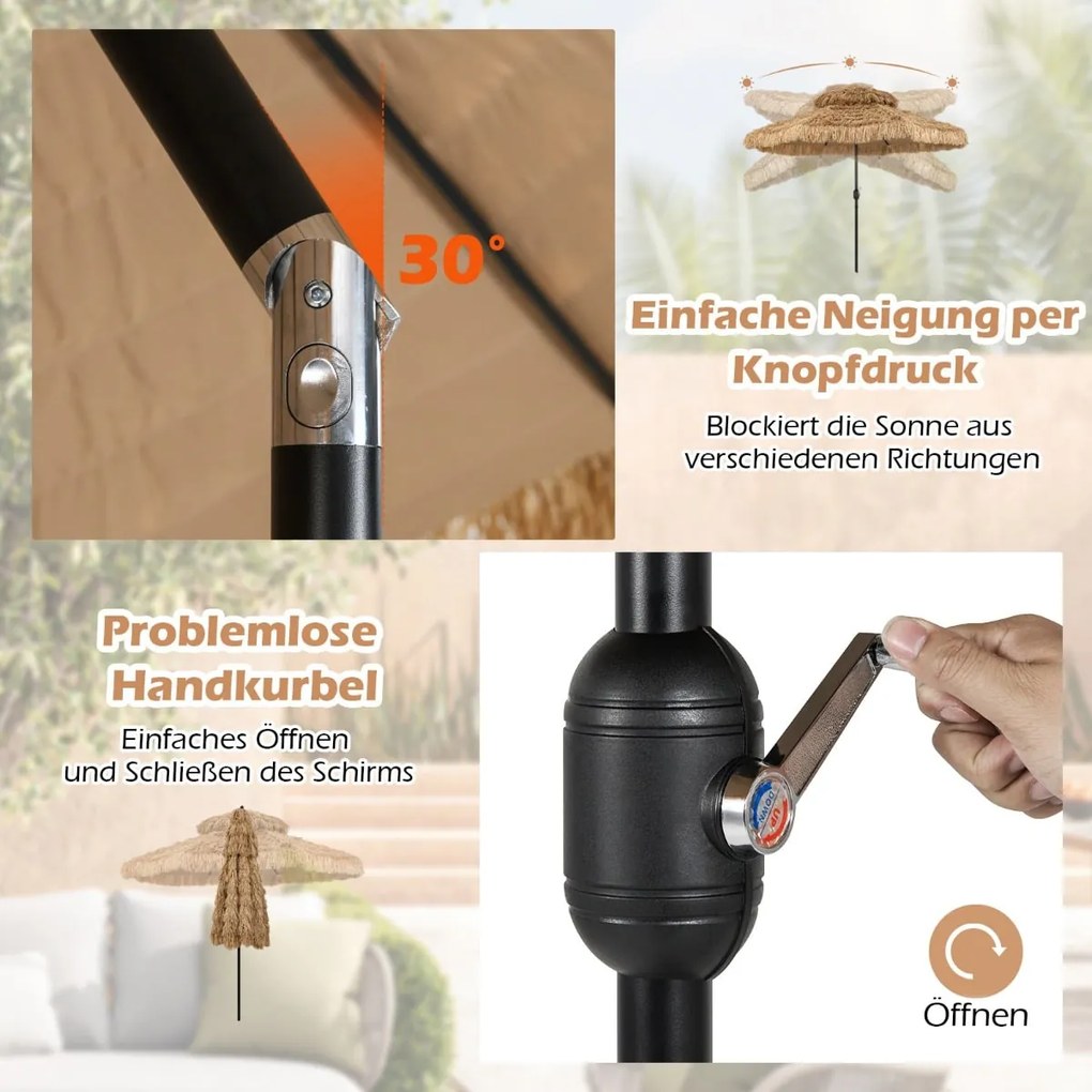 Costway Havajský slunečník s dvojitou střechou naklápěcí slaměný