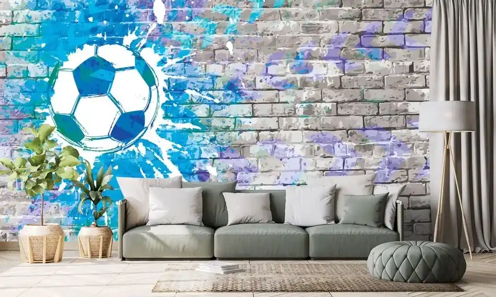 Tapeta modrý fotbalový míč na cihlové zdi - 150x100 | BIANO
