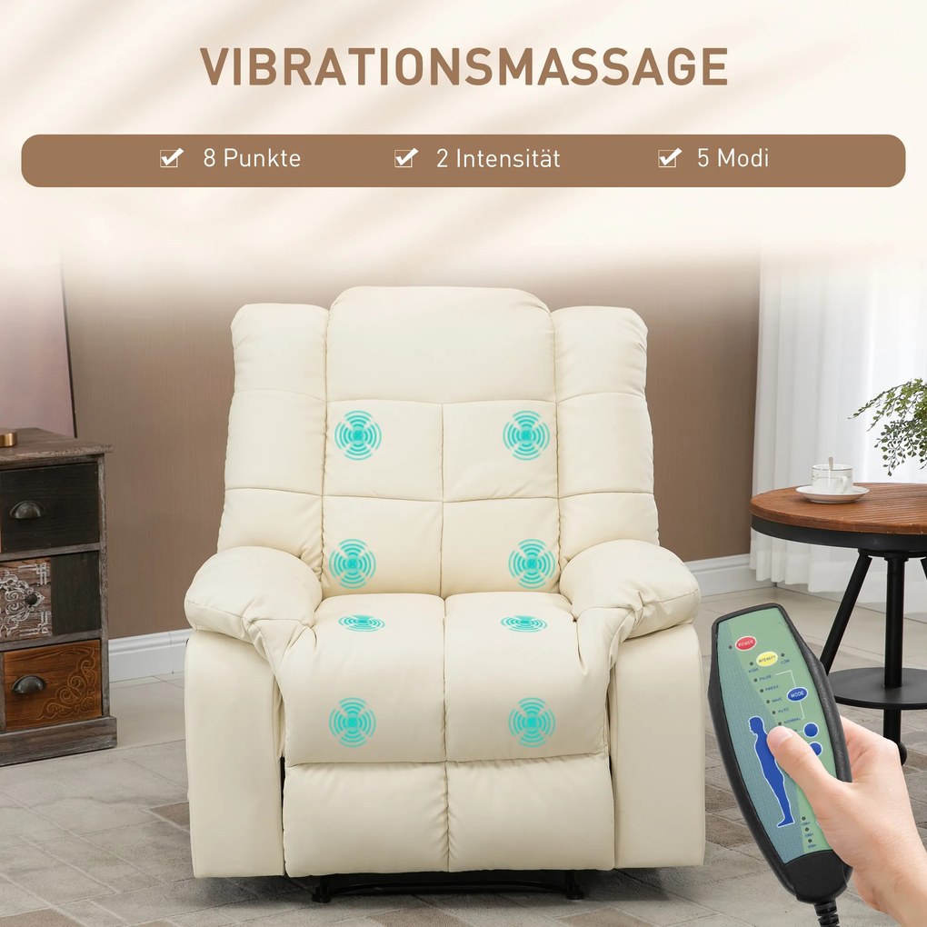 HOMCOM masážní křeslo TV křeslo elektrické polohovací s masážní funkcí imitace kůže dřevo ocelová pěna krémová bílá 94x99x99 cm pro relaxaci |