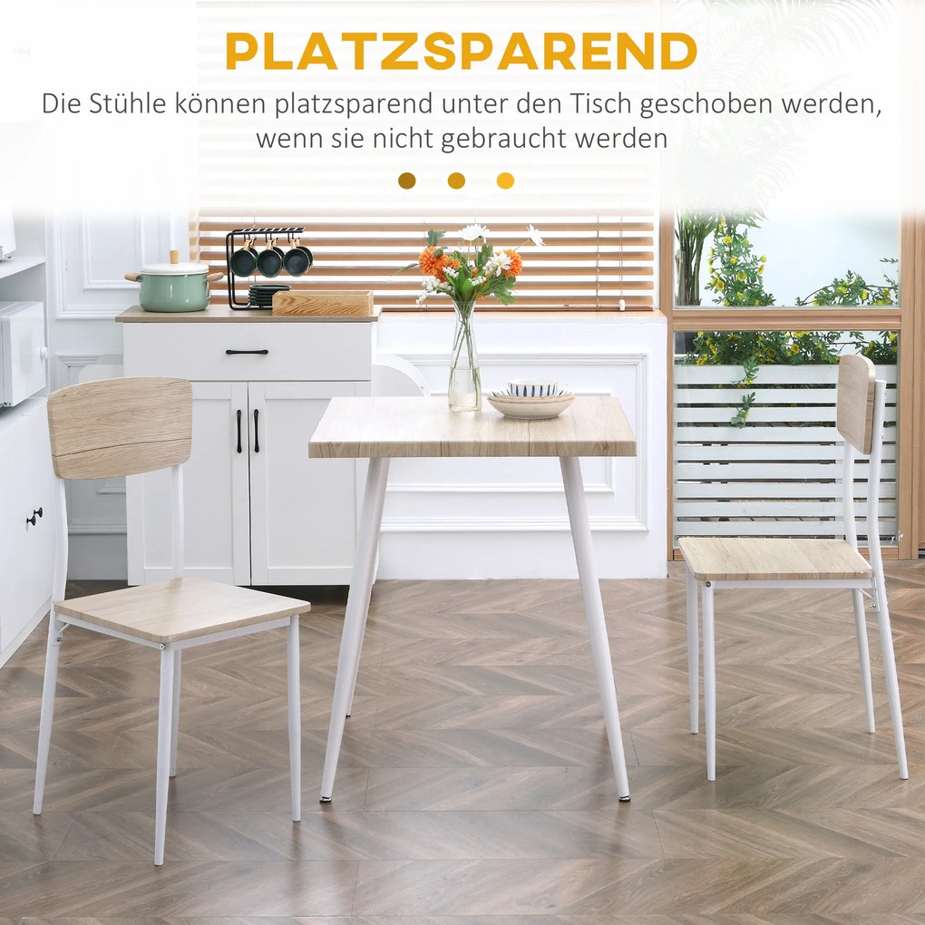 HOMCOM 3-dílný jídelní set MDF + kov přírodní kresba dřeva + bílá s 1 stolem + 2 židlemi