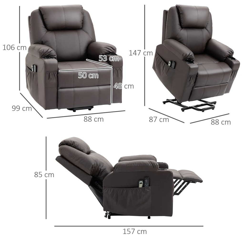 HOMCOM TV křeslo se stojánkem 8 masážních bodů časovač dálkové ovládání boční kapsa pěna 88x99x106 cm Hnědá pro relaxaci a pohodlí | Aosom.de