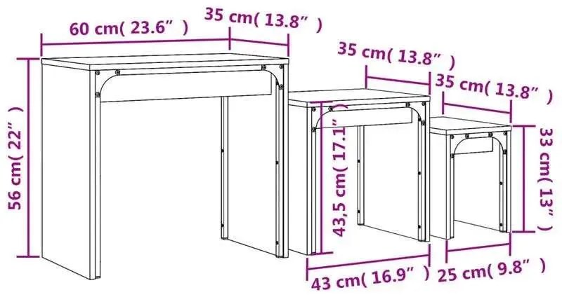Konferenční stolek, sada 3 ks, kov, dřevo, černá, dub sonoma, NoBi MANDY
