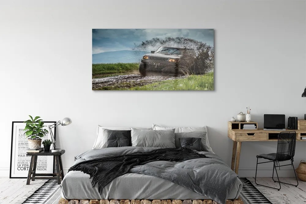 akrylový obraz Auto Field hory mraky 140x70 cm