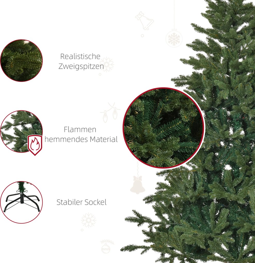 HOMCOM Umělý vánoční stromek 180 cm jedle umělá s 748 špičkami, 3 různými tvary listů, zpomalující hoření, vánoční strom s kovovým stojanem do interi…