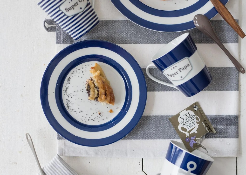 Krasilnikoff Dezertní talíř Blue Stripes, modrá barva, bílá barva, porcelán