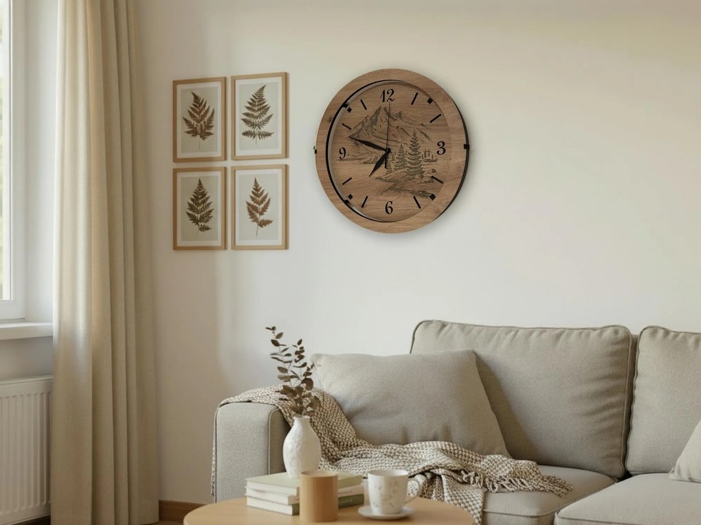 Li-Go "Hory" Dřevěné hodiny, provedení dub světlý velikost svítidla/hodin: 50 cm