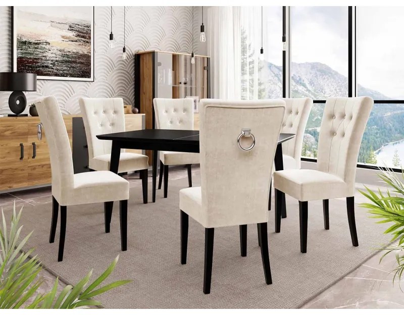 Rozkládací stůl 140x80 se 6 židlemi ST67, barva: natura, barva: černá, Klepadlo: zlaté, Potah: Magic Velvet 2250
