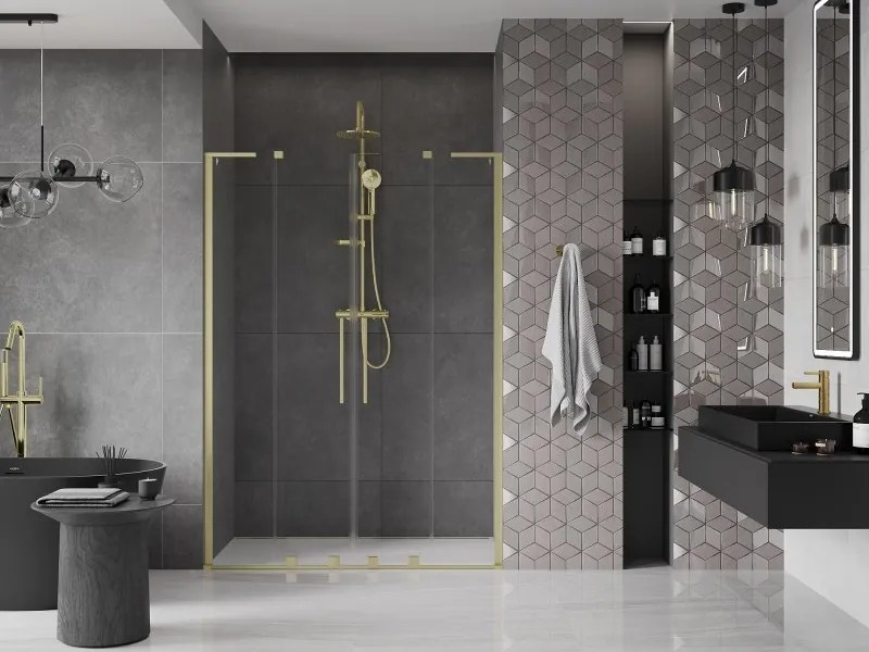 Mexen Velar L Duo, posuvné sprchové dveře do otvoru 150 cm, 8mm čiré sklo, zlatá matná, 871-150-003-02-55
