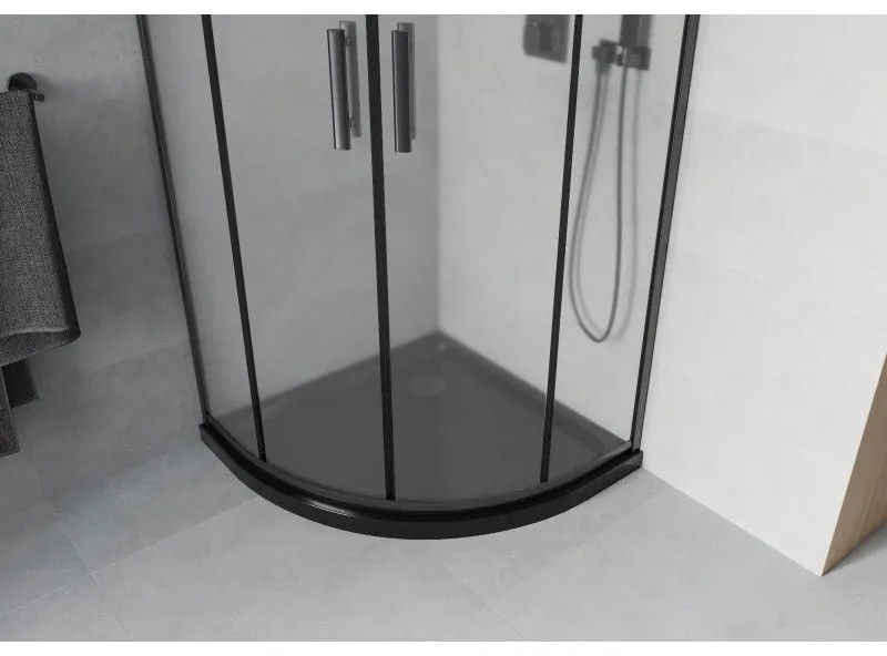 Mexen Rio, čtvrtkruhový sprchový kout 90(dveře)x90(dveře)x190 cm, 5mm sklo námraza, černý profil + černá sprchová vanička SLIM, 863-090-090-70-30-4170B