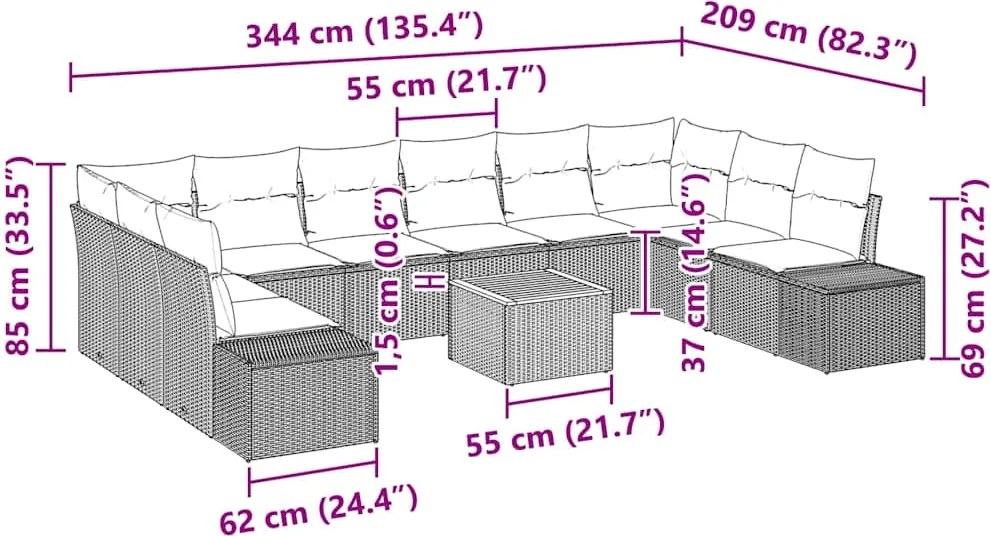 Sada zahradních pohovek 11 ks Černá polyratan 3348006