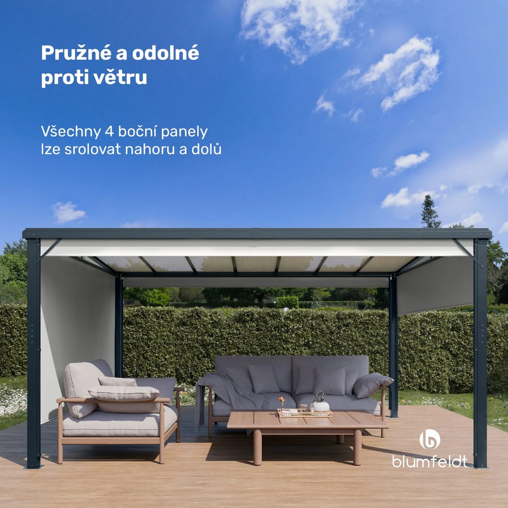 Blumfeldt Pantheon Cortina Solid Sky Pergola 3x4, odolná proti povětrnostním vlivům, prášková barva, boční panely
