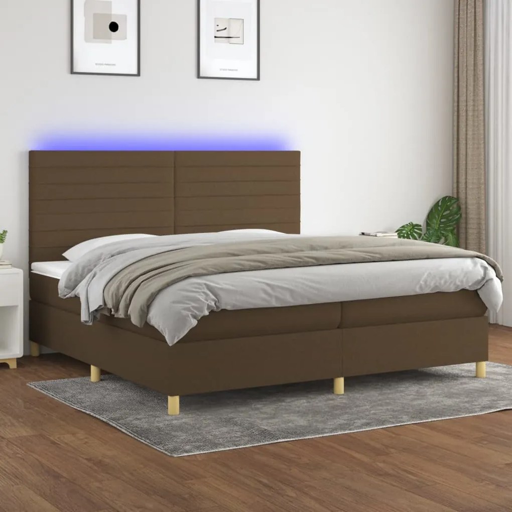 Box spring postel s matrací a LED tmavě hnědá 200x200 cm textil