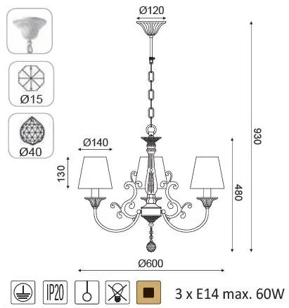 ACA DECOR Závěsné svítidlo ZIZEL max. 3x60W/E14/230V/IP20