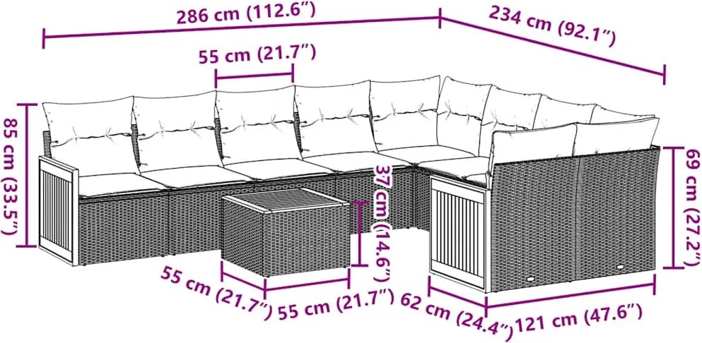 10dílná zahradní sedací souprava s poduškami černá polyratan 3260390