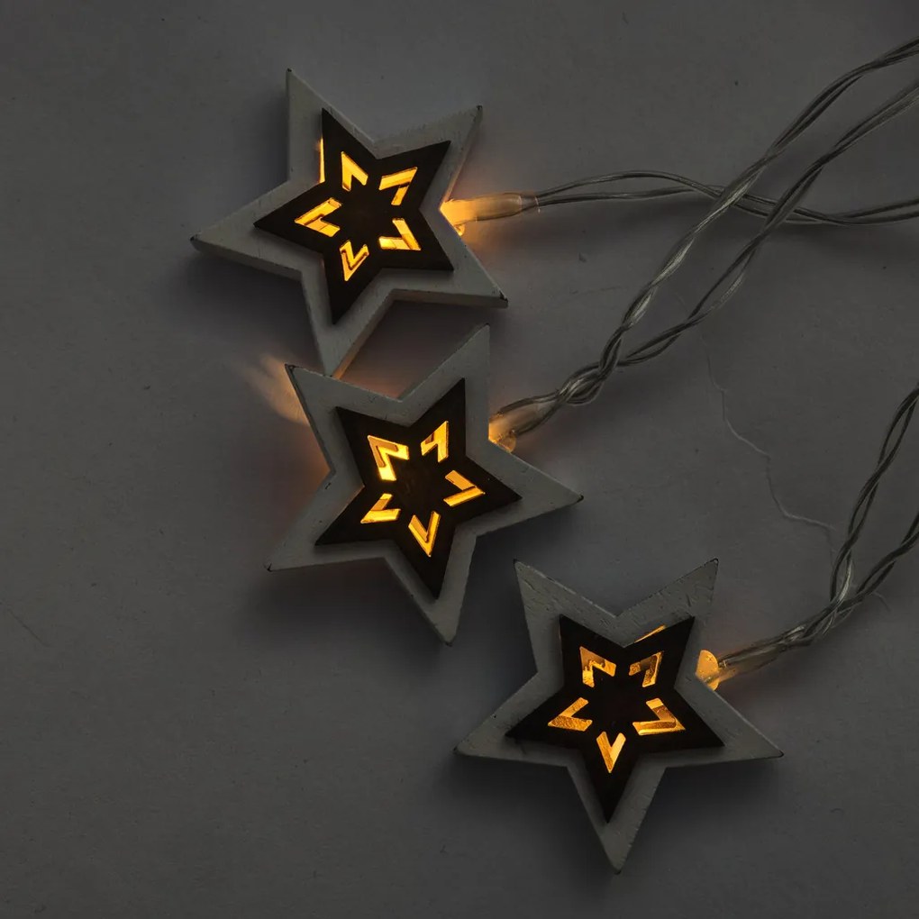 LED světýlka na baterie, dřevěné hvězdičky, 1,8 m, teple bílá, 10 diod, čirý kabel, IP20 interiér, 2 × AA