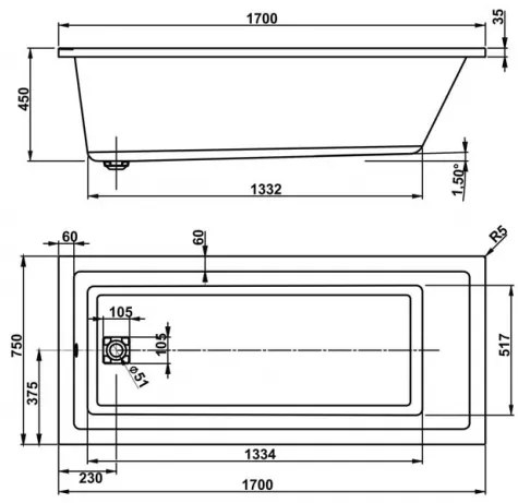 Vagnerplast Cavallo 170 x 75 cm VPBA170CAV2X-04 vana vč. noh