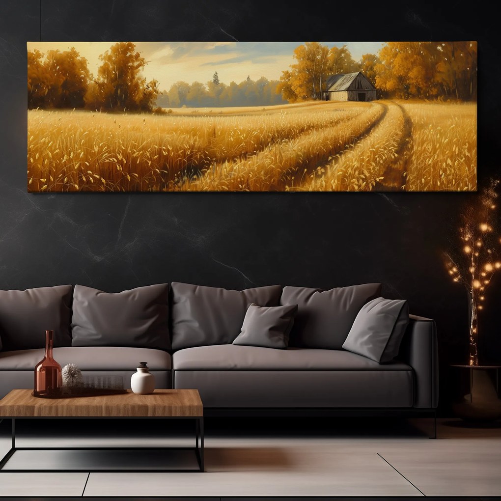 Obraz na plátně - Opuštěná stodola u zlatavého pole FeelHappy.cz Velikost obrazu: 120 x 40 cm