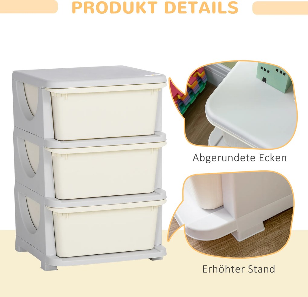 HOMCOM Úložné boxy pro děti, 3 velké zásuvky, oblé hrany, plast, 37x37x56,5 cm, krémově bílá
