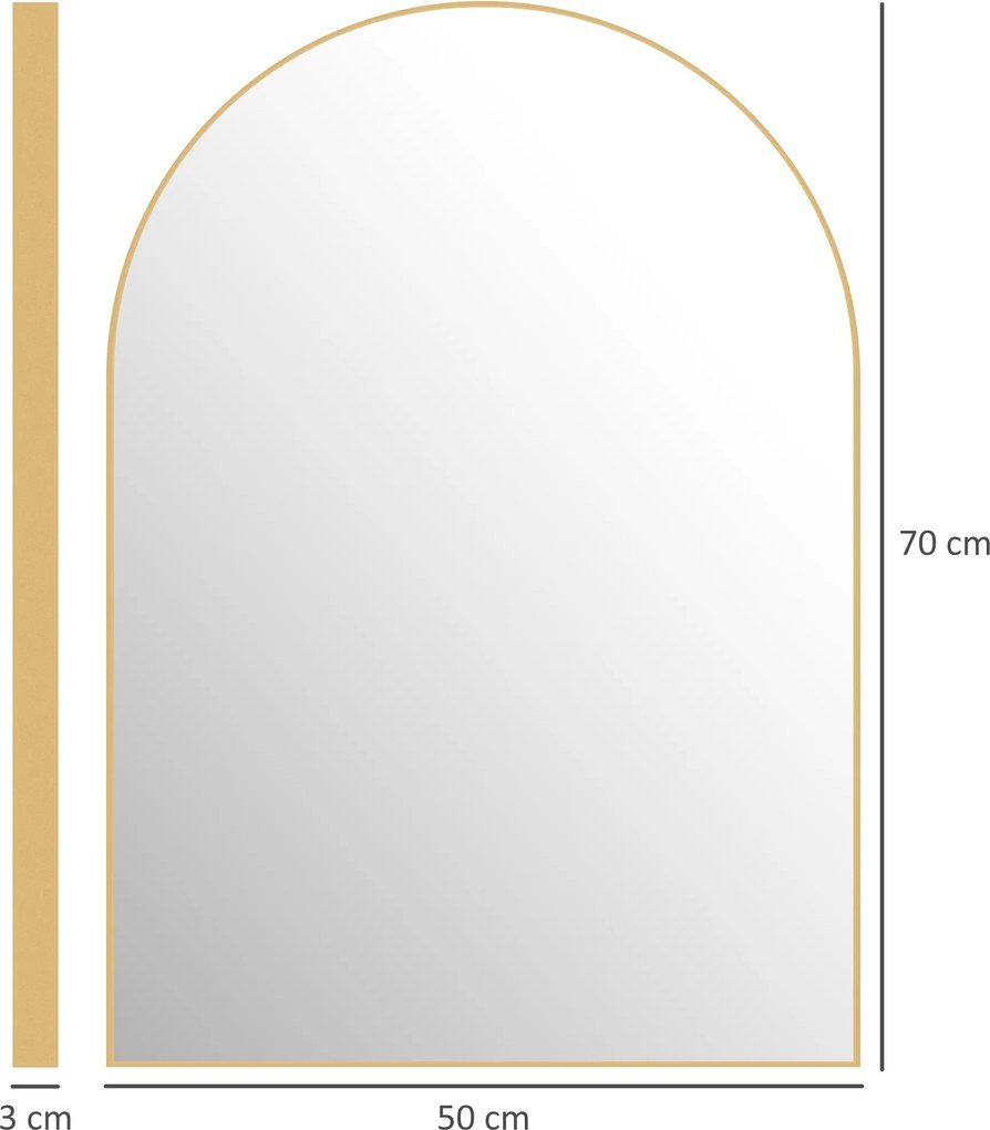 HOMCOM Obloukové zrcadlo na stěnu, koupelnové zrcadlo, 50 x 70 cm, vysoké rozlišení, s hliníkovým rámem, pro ložnici, obývací pokoj, předsíň, zlaté