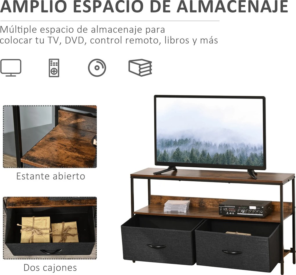 HOMCOM TV Stojan pro TV do 47" s industriálním stylem, s policí a 2 skládacími textilními šuplíky pro obývací pokoj nebo ložnici 98x29x56 cm v rustik…