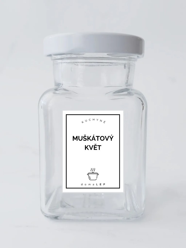 Samolepka na kořenky MUŠKÁTOVÝ KVĚT bílá 3 × 4 cm tučné písmo