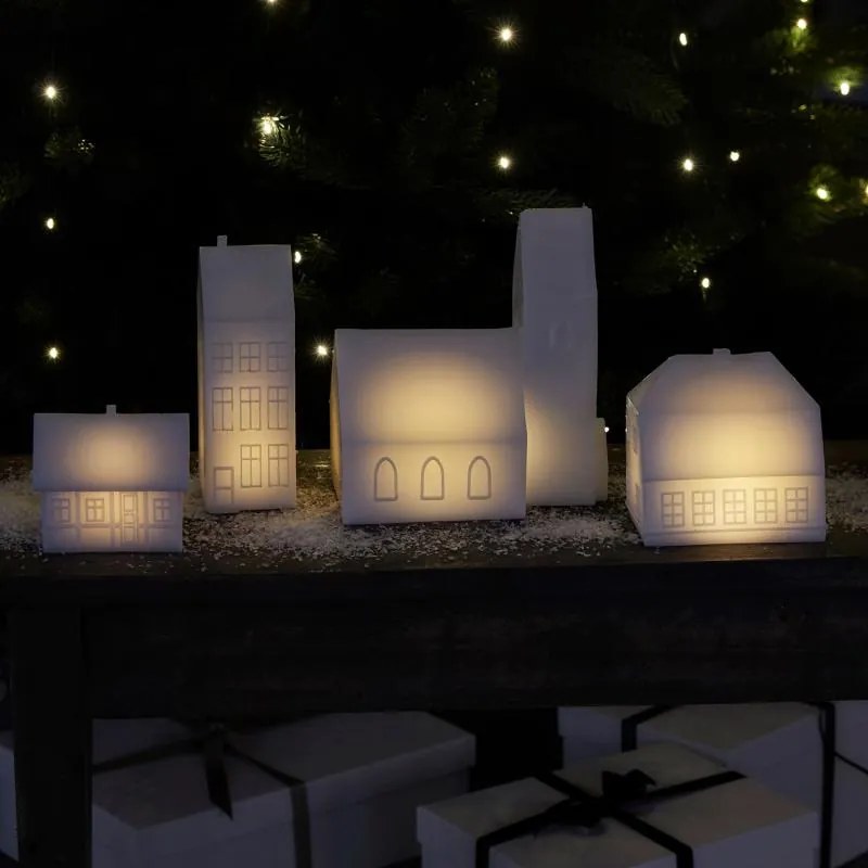LED svítící Kodaňský hrázděný domeček, 9 × 6 × 8 cm, voskový, teple bílá, bílý,