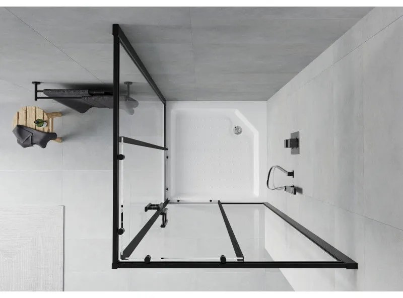 Mexen Rio, čtvercový sprchový kout s posuvnými dveřmi 90 x 90 cm, 5mm čiré sklo, černý profil + bílá vysoká vanička Rio, 860-090-090-70-00-4510