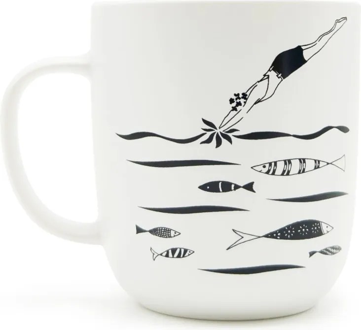 Porcelánový hrnek Plavkyně, bílý, 400 ml – minimalistický, motiv moře, vln a ryb