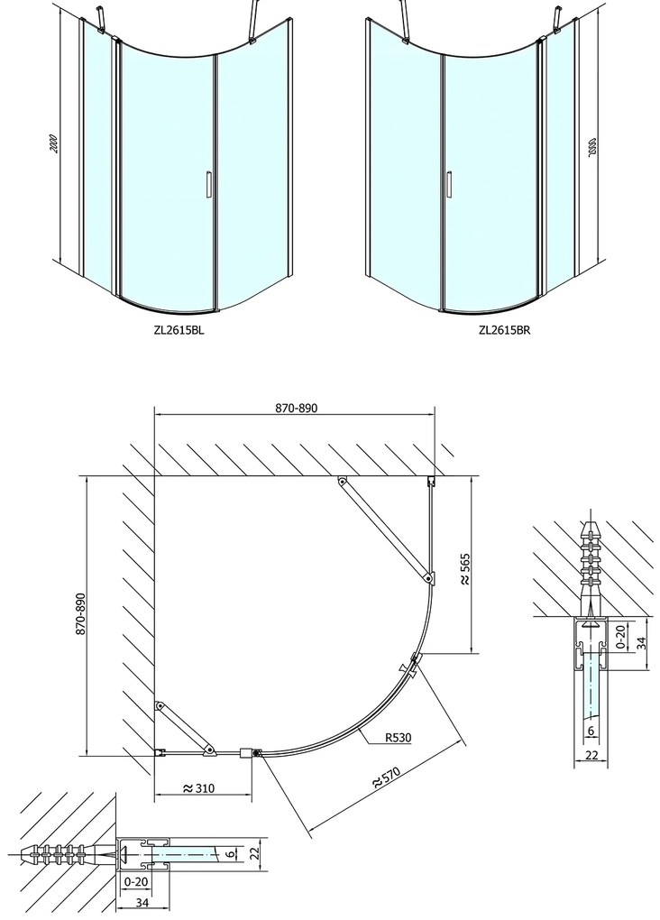 Polysan, ZOOM LINE BLACK čtvrtkruhová sprchová zástěna 900x900mm, čiré sklo, levá, ZL2615BL