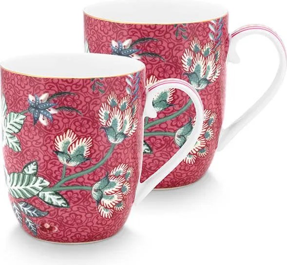Pip Studio Flower Festival sada 2 hrnků 180ml, tmavě růžová (Tenkostěnný porcelán v dárkovém papírovém boxu)
