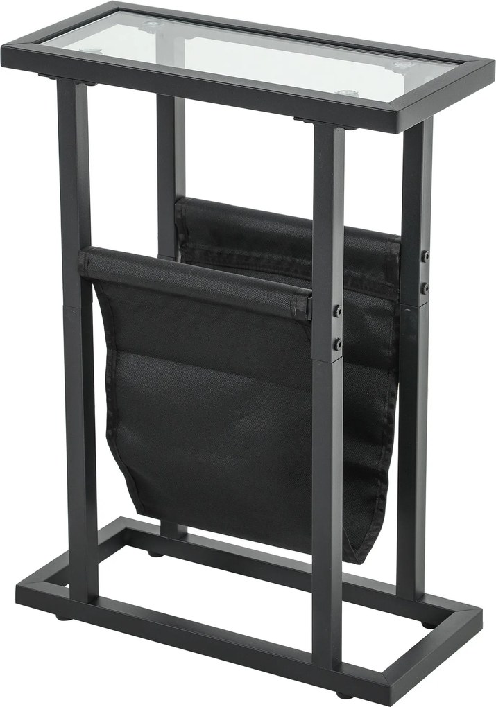 HOMCOM Noční stolek se látkovým košem, skleněná deska, konferenční stolek s kovovými nohami, stolek k pohovce do obývacího pokoje 40 x 18 x 55,5 cm Če