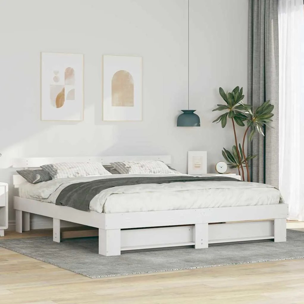 Rám postele s čelo Bílá 200 x 200 cm Masivní borové dřevo 3385671