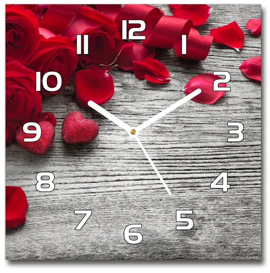 Wallmuralia Skleněné hodiny na stěnu Červené růže 30x30 cm