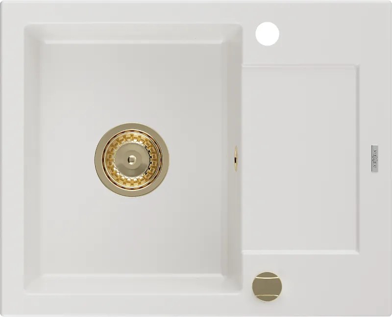 Mexen Enzo, granitový dřez 576x465x174 mm, 1-komorový, bílá se zlatým sifonem, 6506571005-20-G