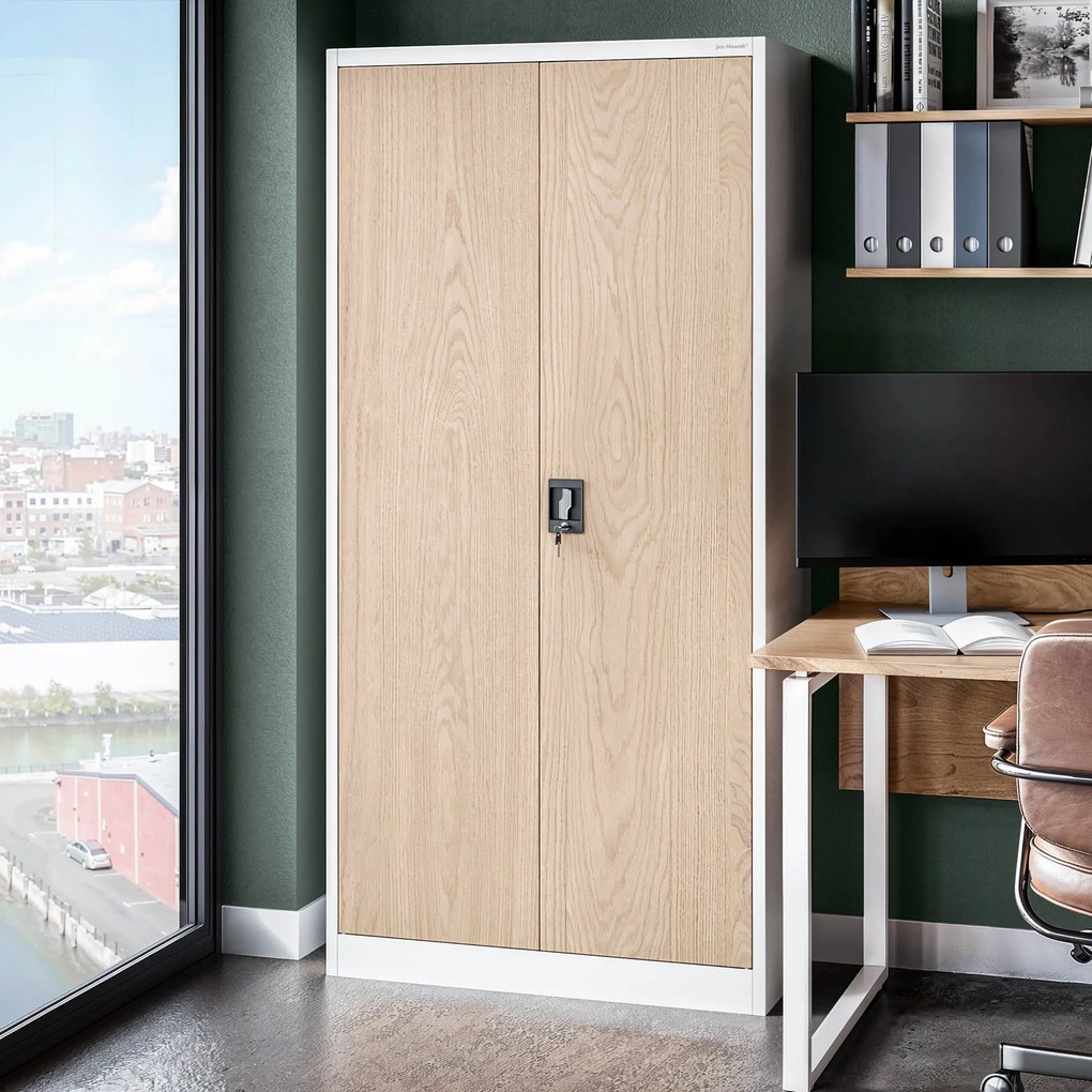Kancelářská skříň na dokumenty se 4 policemi, bílá/dub sonoma, 900x1850x400 mm: JAN Eco Design