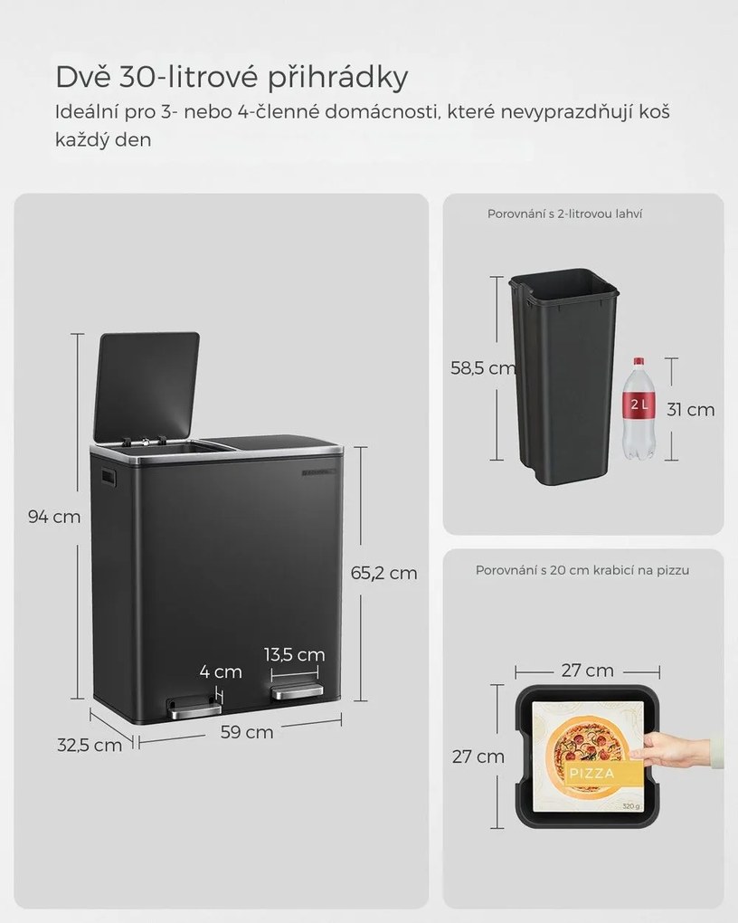 Koš na separování odpadu SORT, 2x30l+pytle na odpadky, černá/stříbrná SongmicsHome