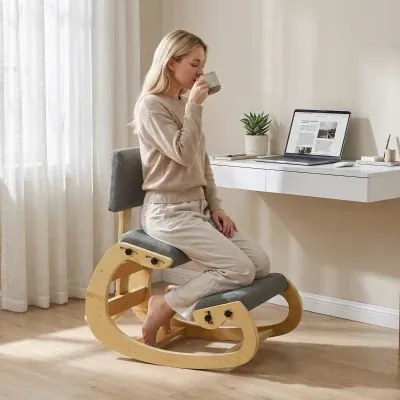 HOMCOM Ergonomická kolenní židle do kanceláře a domácnosti, látka s vzhledem lnu, břízová překližka, šedá