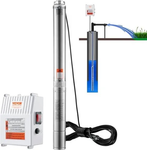 Ponorné čerpadlo VEVOR do hlubinných vrtů, 1500 W 230 V 60 Hz, průtok 9,8 m³/h, výška 108 m, s kabelem 19,4 m a externí ovládací jednotkou, nerezová vodní čerpadla pro průmyslové, zavlažovací a domácí použití, vodotěsné IP68