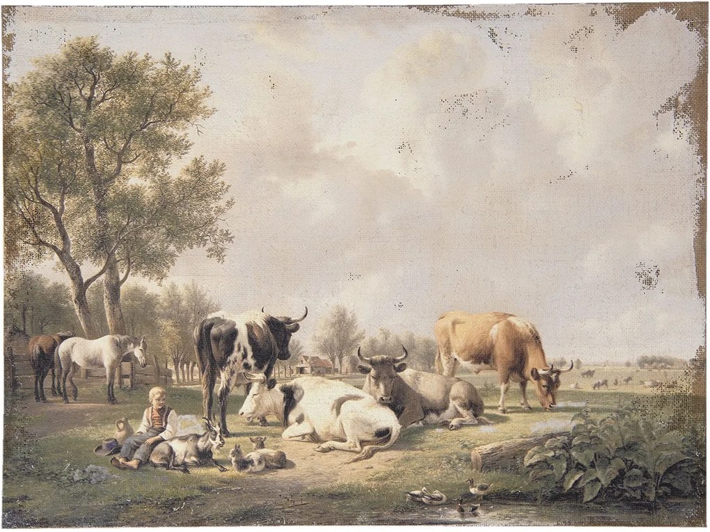 Vintage obraz s motivem pasoucích se krav - 73*3*55 cm