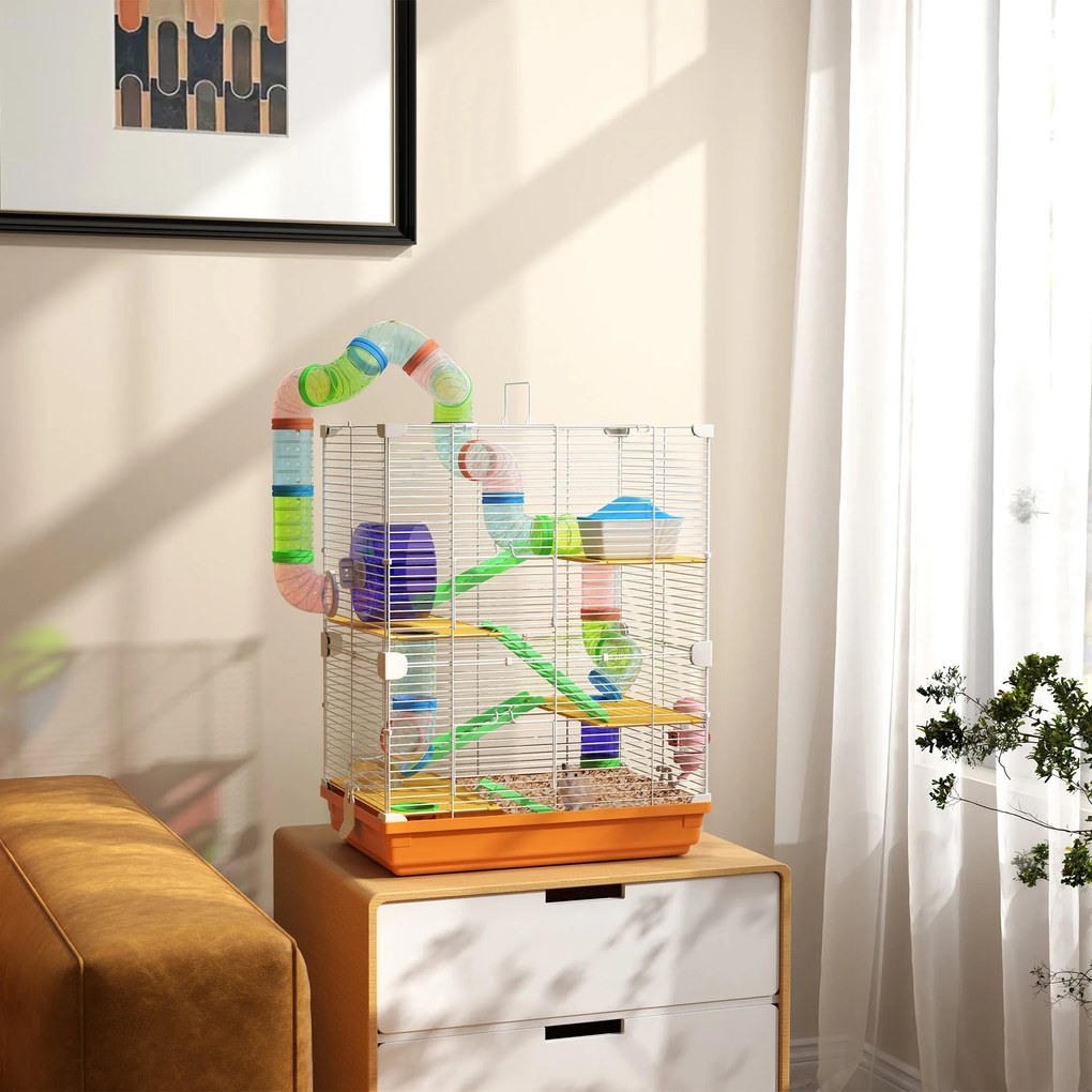 PawHut Kotec pro křečky s tunely, plošinami, miskou na vodu, domkem, rampami a cvičným kolem 46x30x58 cm Oranžový