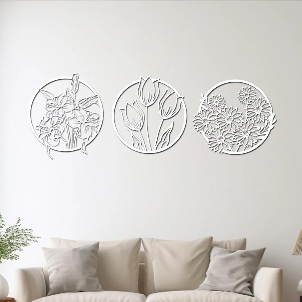 dřevo života Dřevěné dekorace na zeď KVĚTINY V KRUHU Barevný vzor: Bílá, Rozměry Ø: 40