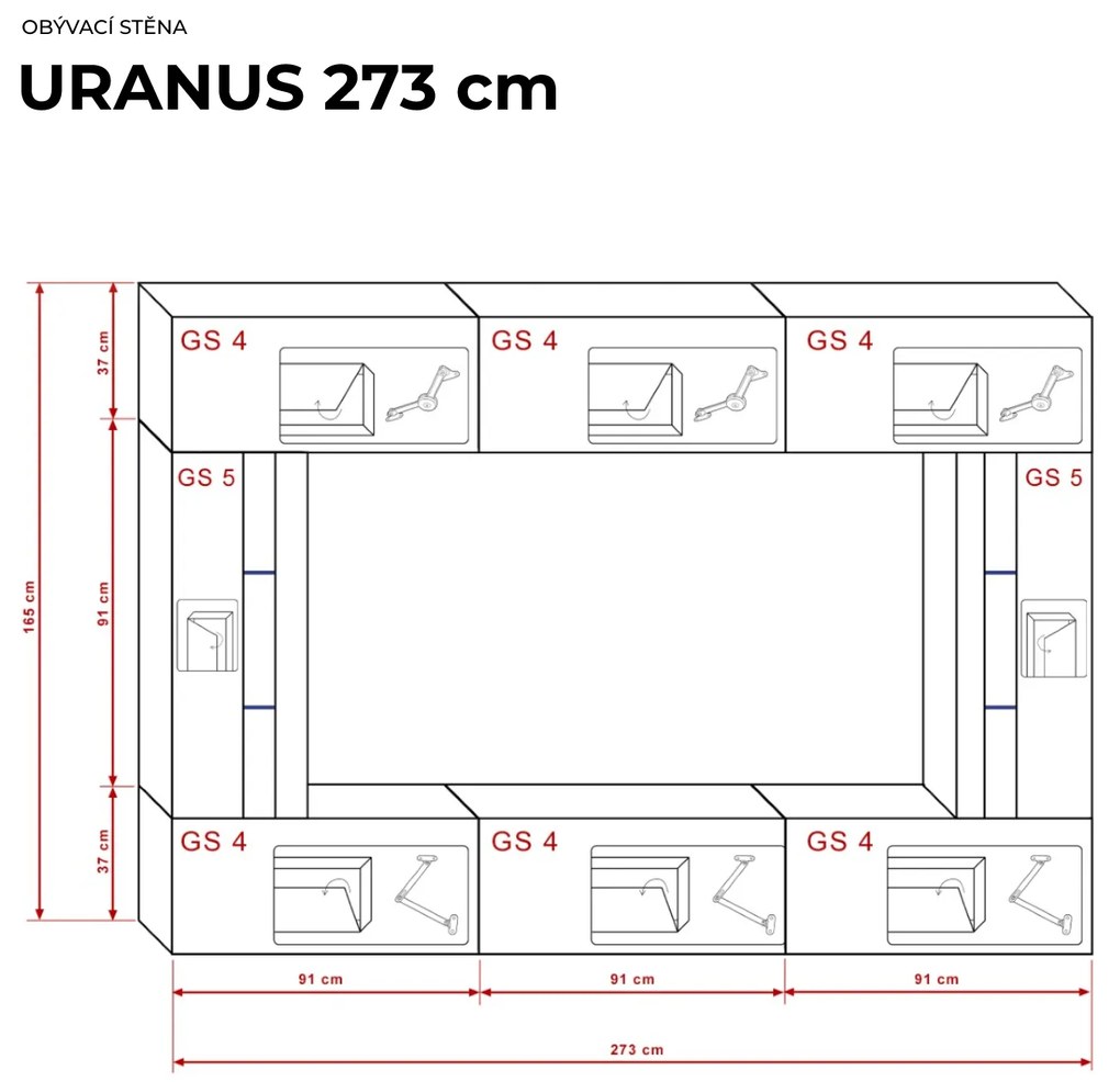 Ral Obývací stěna URANUS 3, 273 cm - Bílý lesk