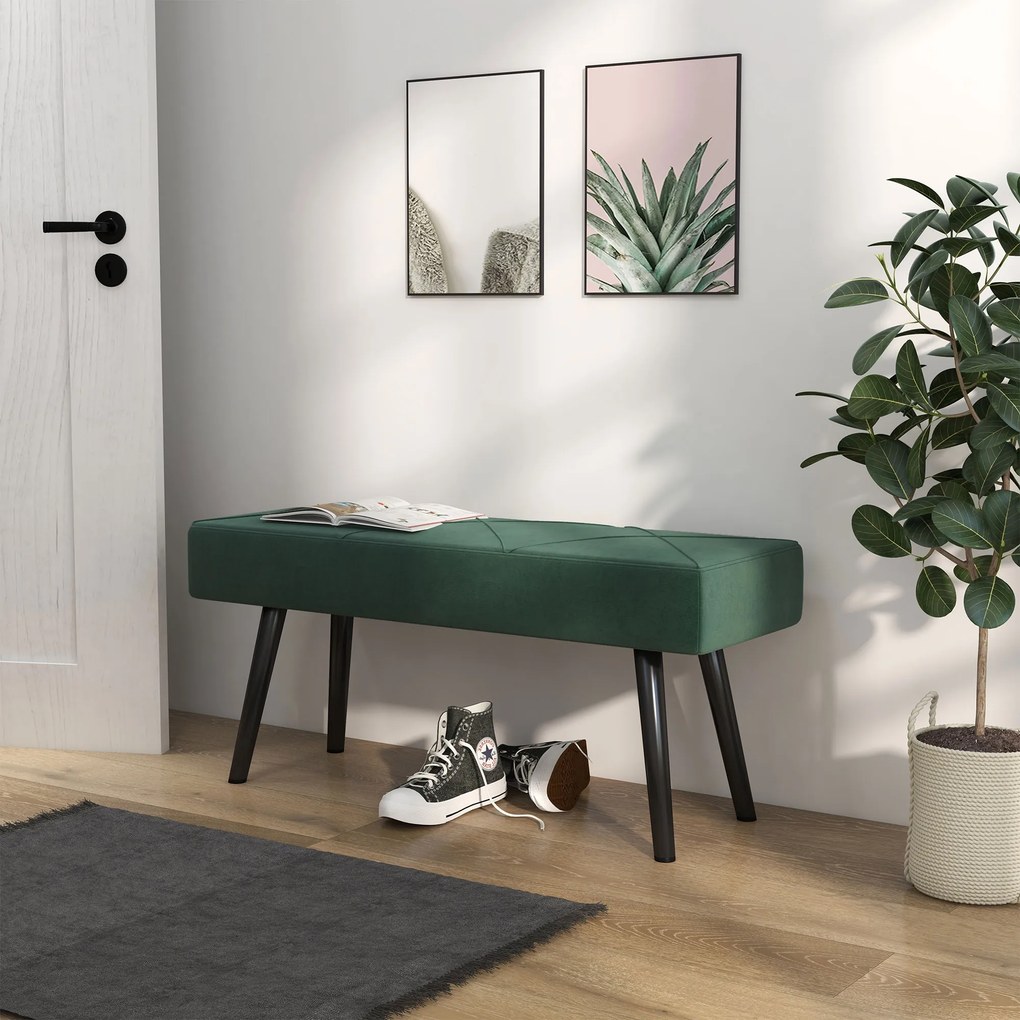 HOMCOM čalouněná lavice sametového vzhledu lavice k posteli lavice do předsíně X-vzor do 120 kg do ložnice 100x36x45 cm v zelené barvě