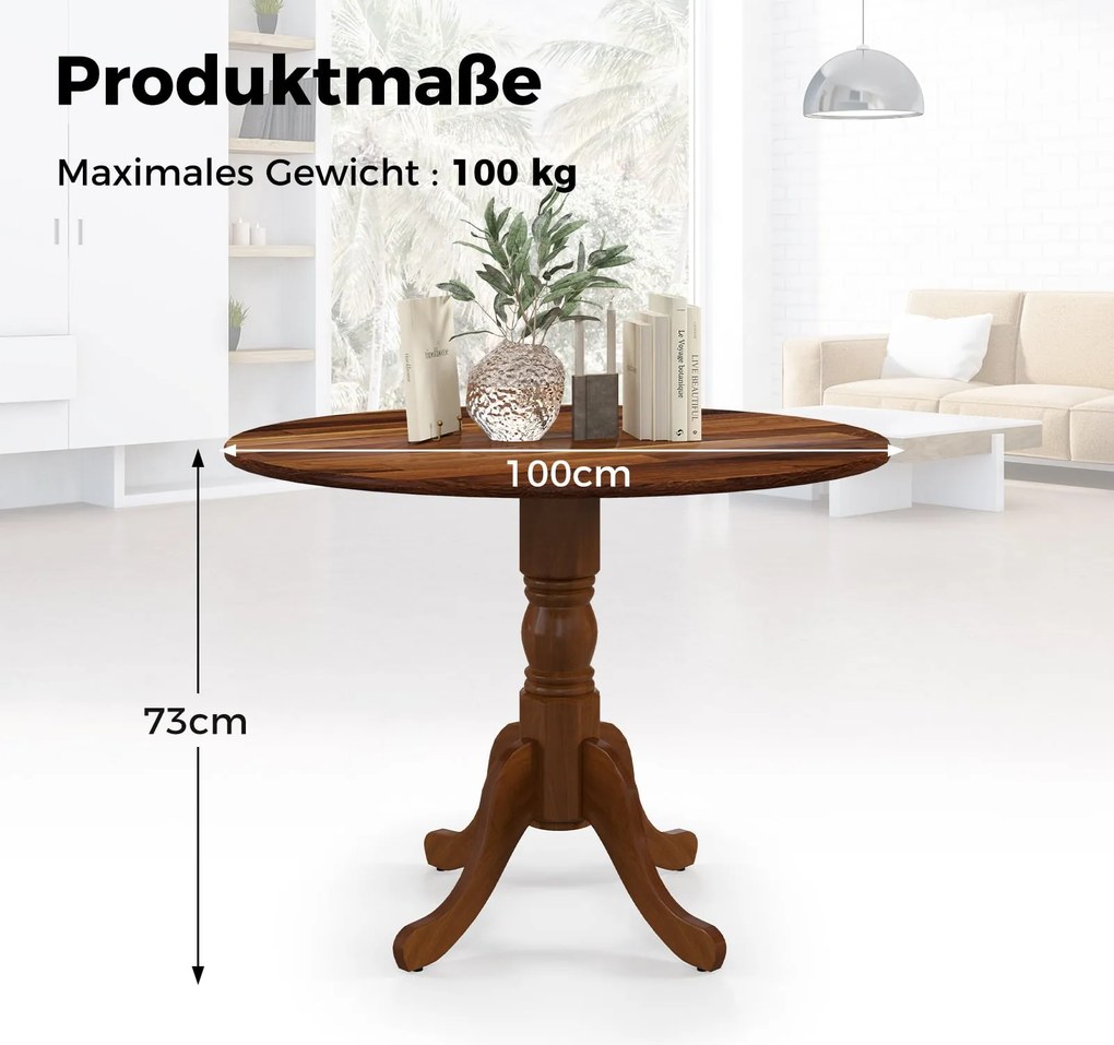 Costway 100 cm Kulatý jídelní stůl pro 4 Gumový dřevěný s podstavcem pro volný