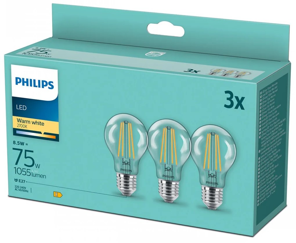 Philips 8718699696955 sada 3x led filamentová žárovka e27 1x8,5w/75w | 1055lm | 2700k