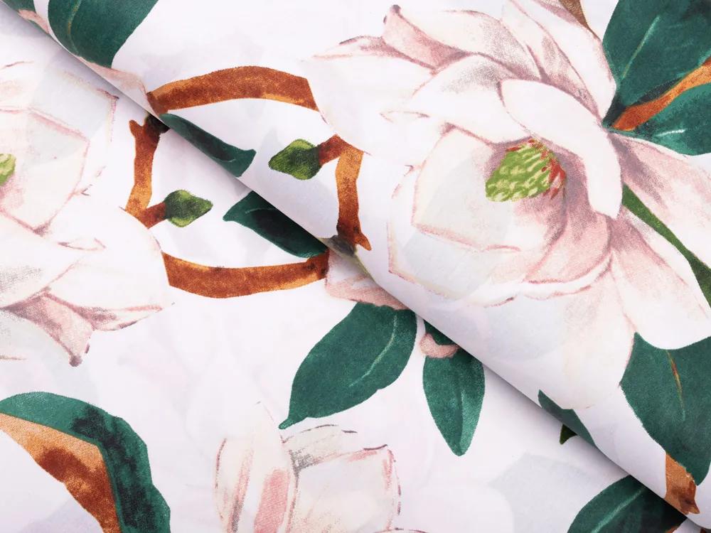 Biante Bavlněný povlak na polštář Sandra SA-293 Magnolie se zelenými listy na bílém 50 x 60 cm
