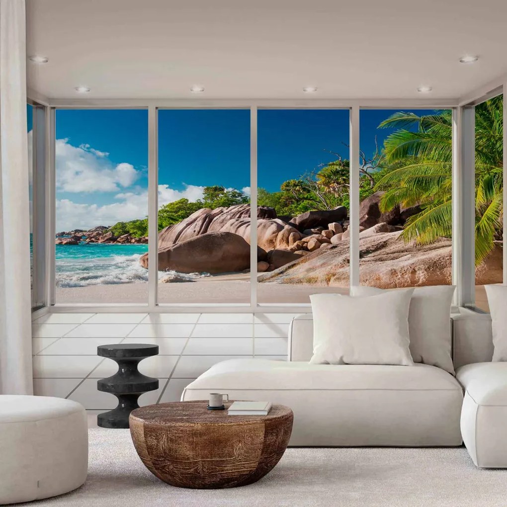 Fototapeta Pohled z okna - slunečná krajina 3D s rájem pláže a tyrkysovým mořem